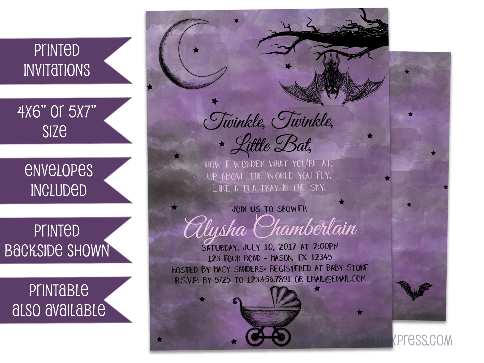 Alice in Wonderland Twinkle Little Bat Goth Baby Shower Invitations ...