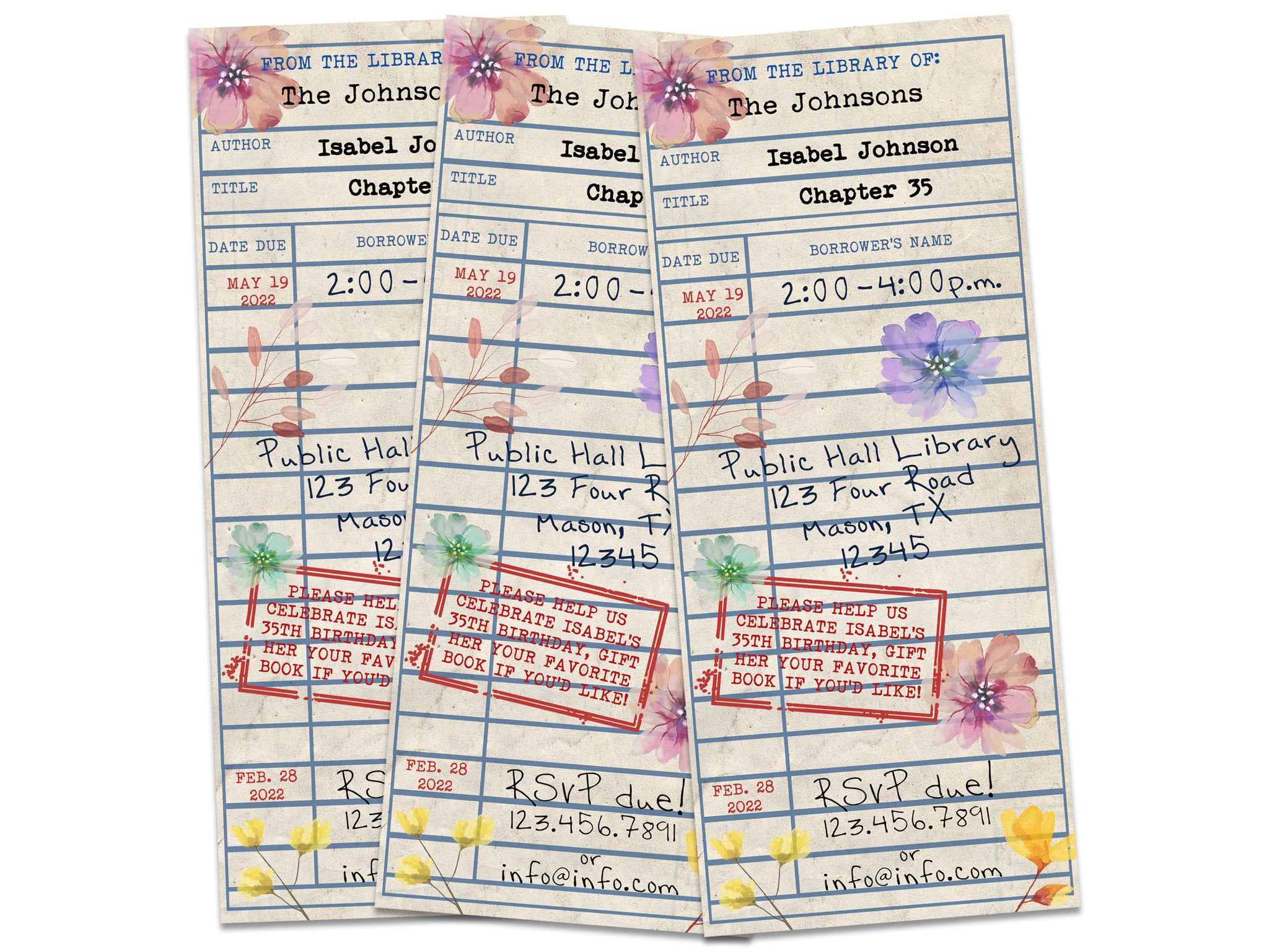 Vintage Floral Library Card Invitations | Party Print Express